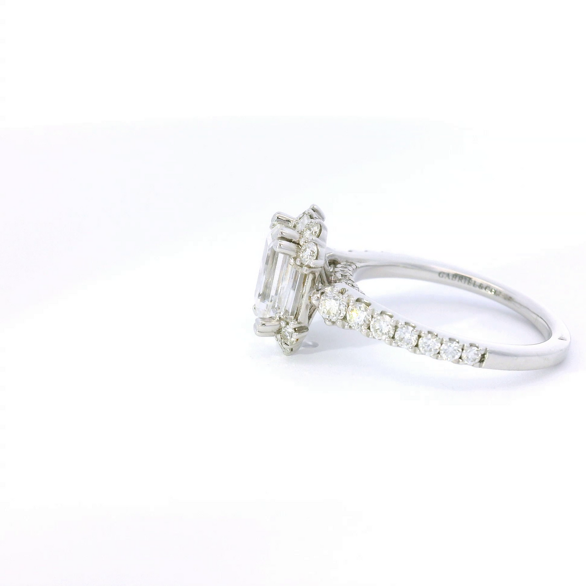 Gabriel & Co. Emerald Center w/ Round & Baguette Halo Engagement Ring ...